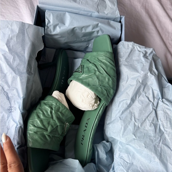 Prada | Shoes | Green Prada Heeled Slide Sandals With Wet Look | Poshmark